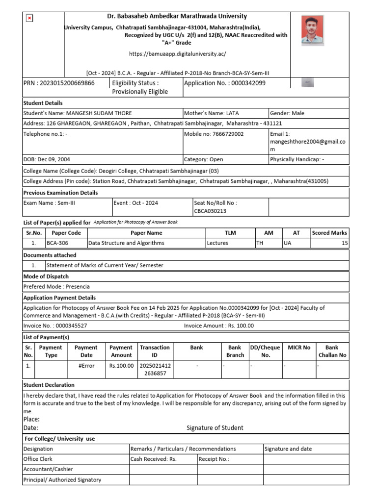Application for Photocopy of Answer Book_342099_MANGESH_SUDAM_THORE (1) | PDF