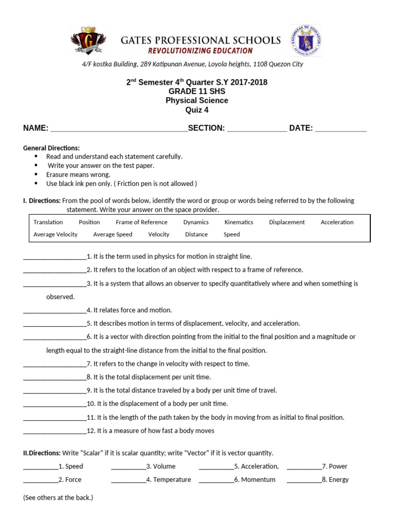 2nds 4thq Quiz4 Physical Science | PDF | Velocity | Acceleration