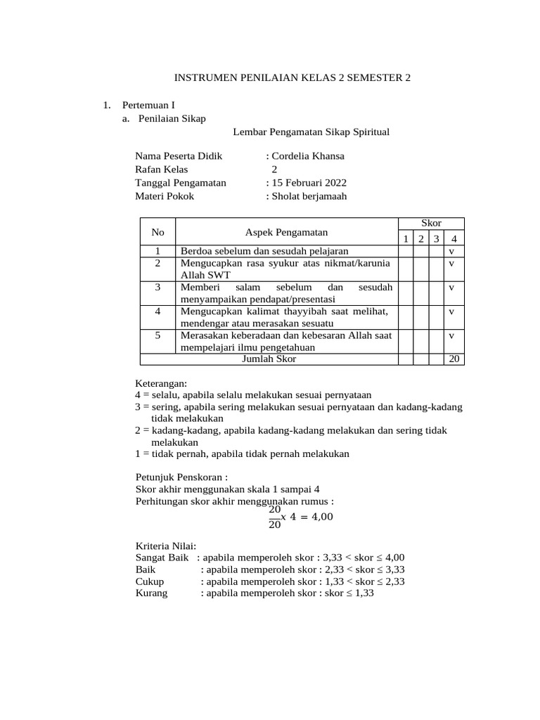 Instrumen Penilaian Kelas 2 Sem 2 Materi Shalat Berjamaah | PDF