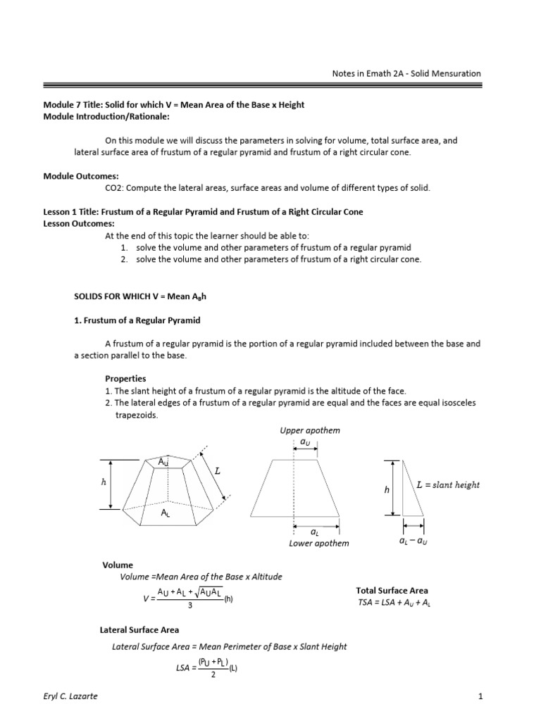 Module 7 Volume Mean Area of Base X H | PDF | Area | Volume