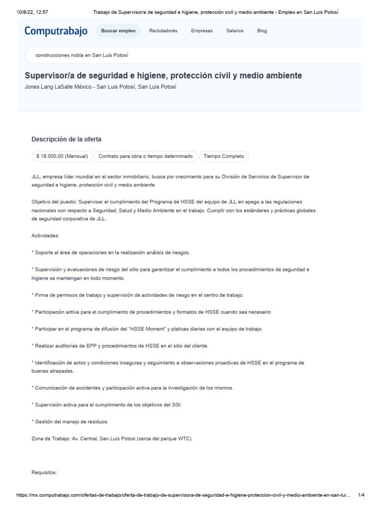 $ 18,000 Supervisor - A de Seguridad e Higiene, Protección Civil y Medio Ambiente - SLP, WTC ...