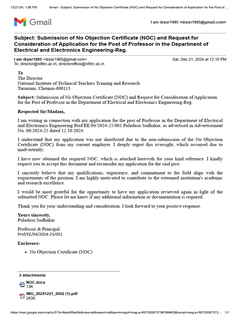 Gmail - Subject_ Submission of No Objection Certificate (NOC) and Request for Consideration of ...