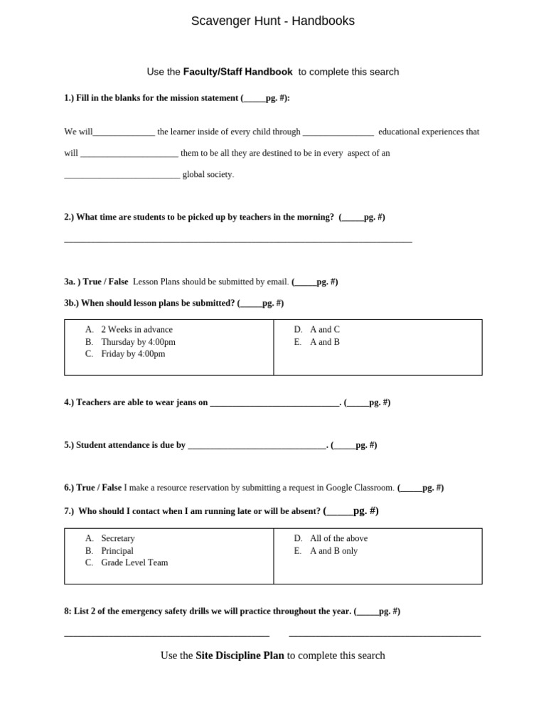 Scavenger Hunt for Faculty Handbooks | PDF | Learning