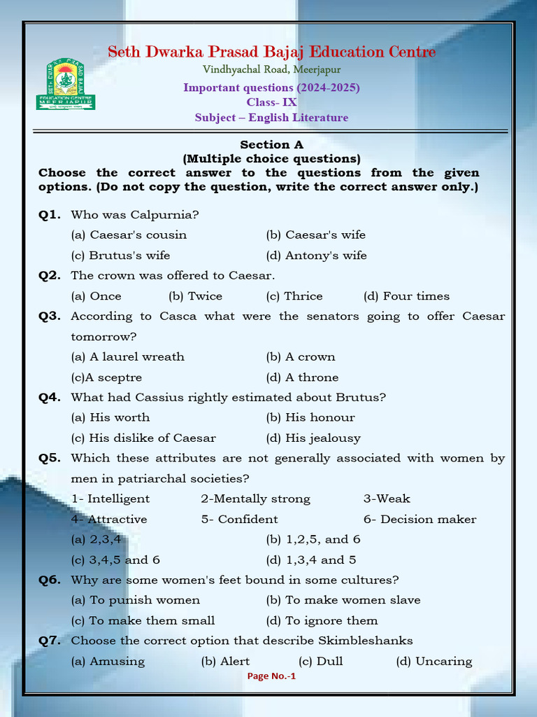 Class 9 ICSE English Literature Q&A 2024 | PDF | Julius Caesar