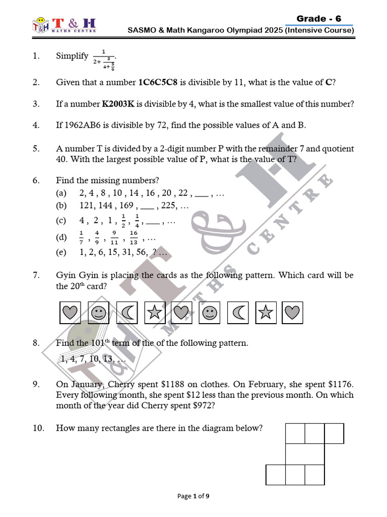 SASMO & Math Kangaroo 2025 Questions | PDF | Area | Rectangle