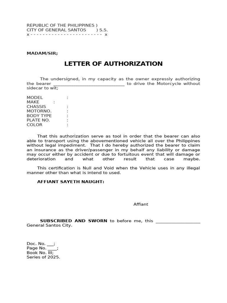 Letter of Authorization To Use Vehicle | PDF