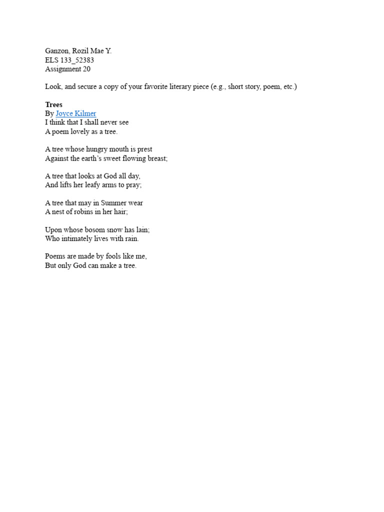 Joyce Kilmer's Poem "Trees" Analysis | PDF