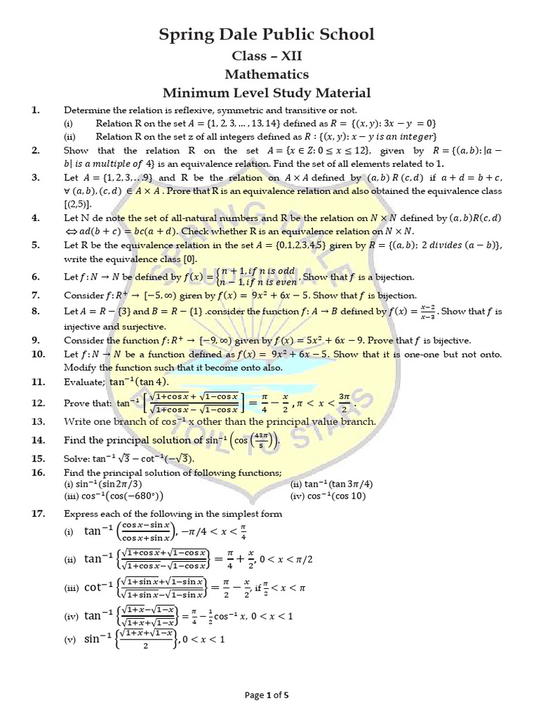 Class XII Maths Minimum Study Material 2024 25 | PDF | Function (Mathematics) | Mathematical Logic