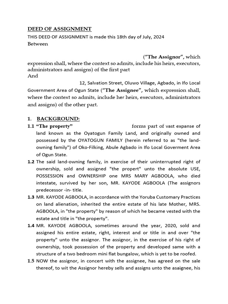 DEED OF ASSIGNMENT Apst. Paul | PDF | Assignment (Law) | Natural ...