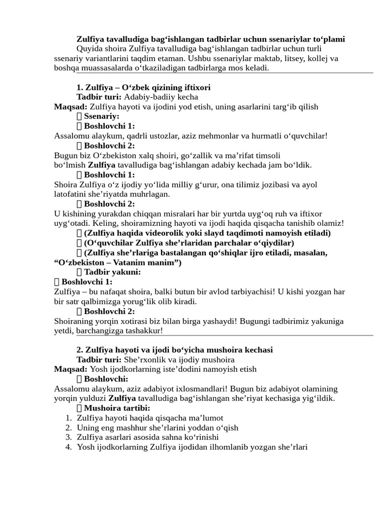 Zulfiyaxonim Tadbiri | PDF