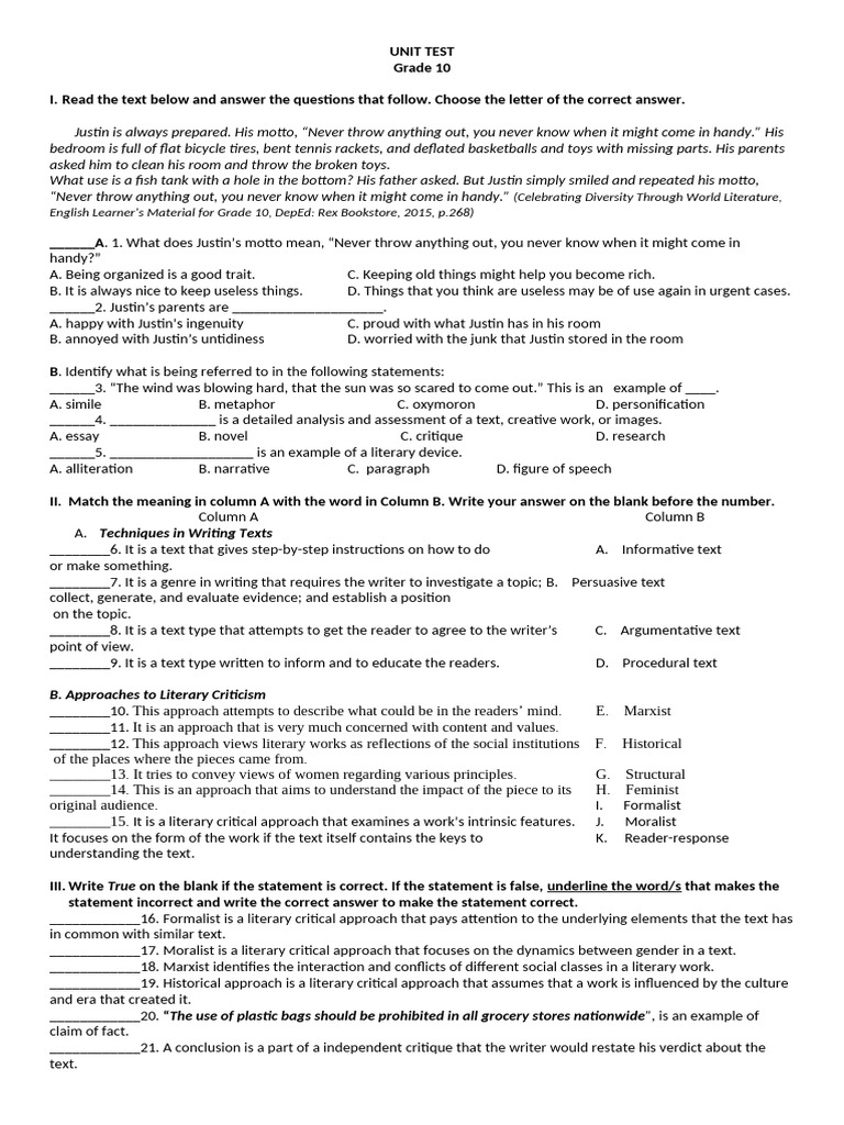 UNIT TEST 3rd Quarter | PDF | Essays | Writers