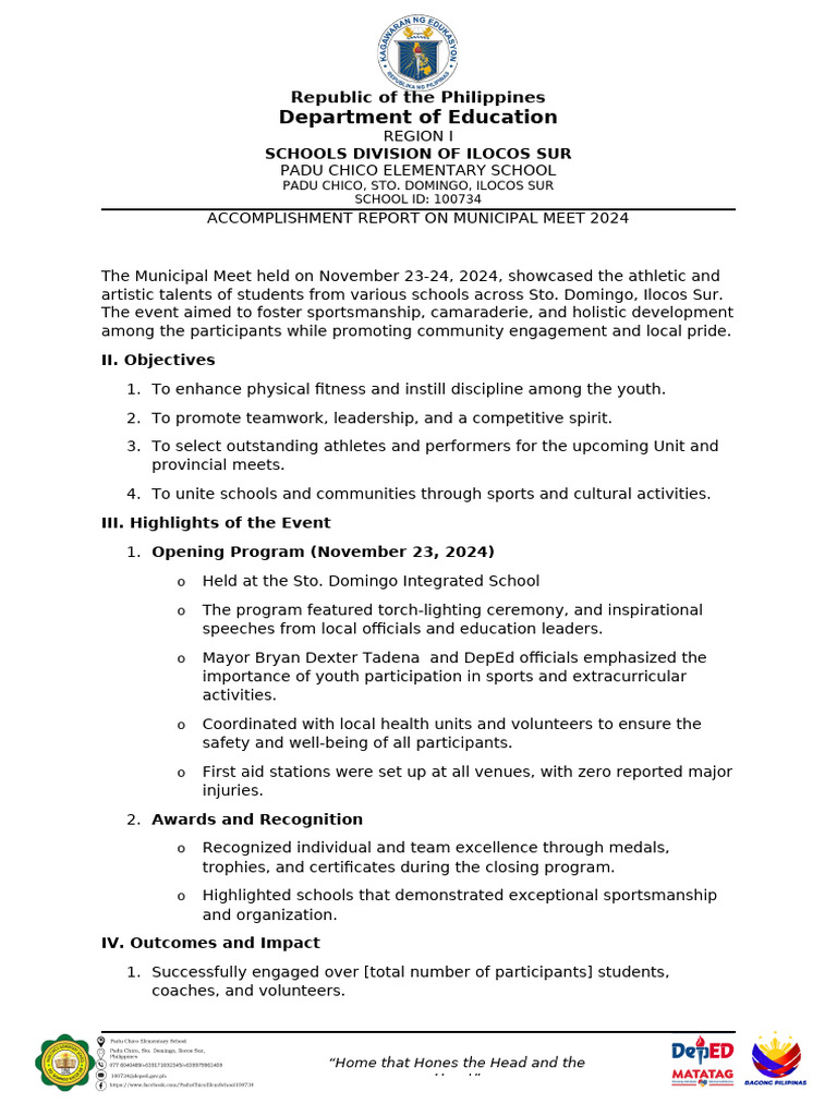 Municipal Meet 2024 Accomplishment Report | PDF