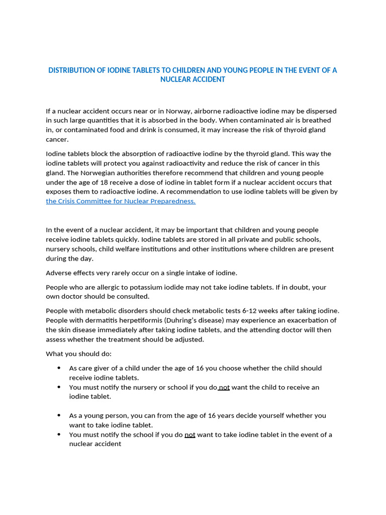 Iodine Tablet Guidelines for Youth | PDF
