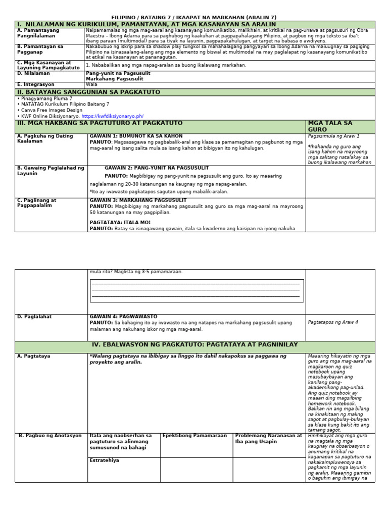 LE-FILIPINO-7 - Q4 - Aralin8 - Markahang Pagsusulit | PDF