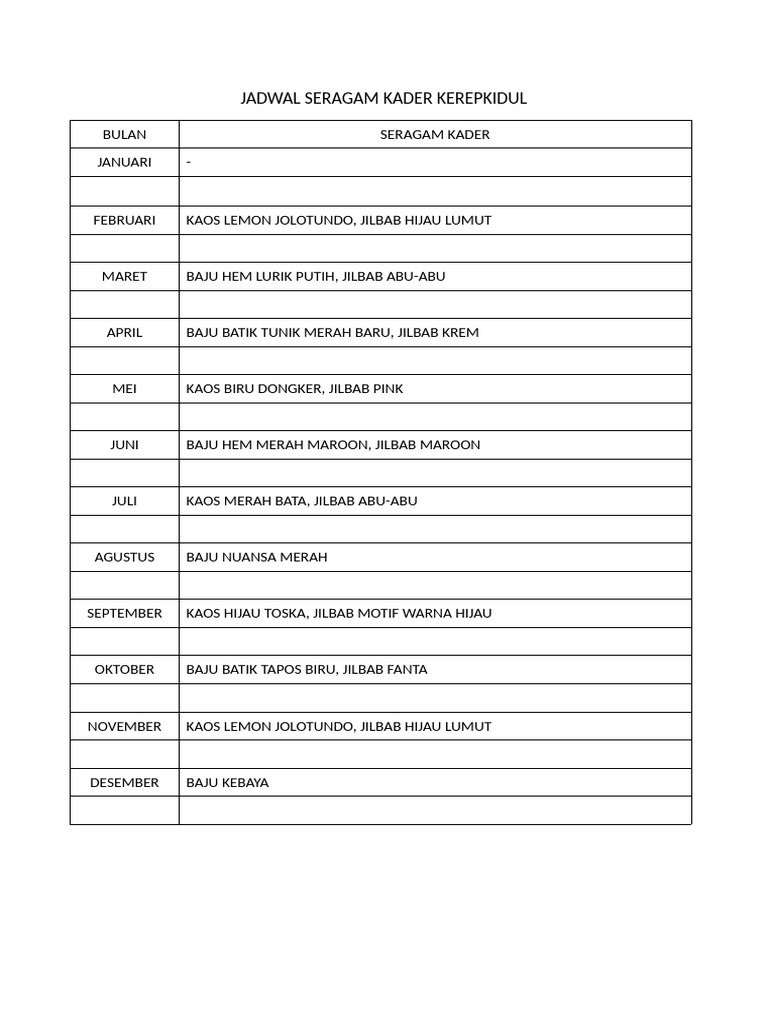 Jadwal Seragam Kader Kerepkidul | PDF