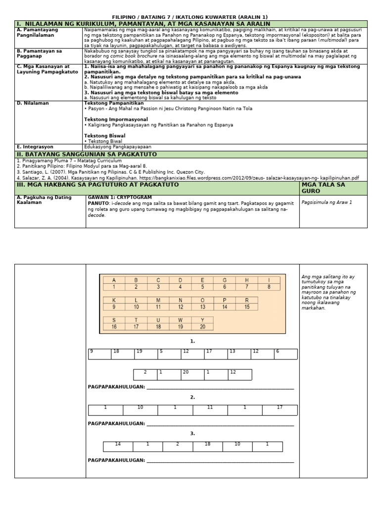 LE-FILIPINO-7 - Q3 - Aralin1 - Pasyon - W1-W2 | PDF