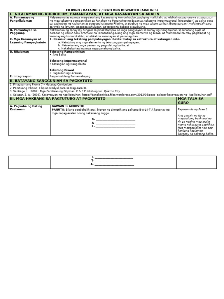 LE-FILIPINO-7 - Q3 - Aralin5 - Tekstong Pampahayagan - W6 | PDF
