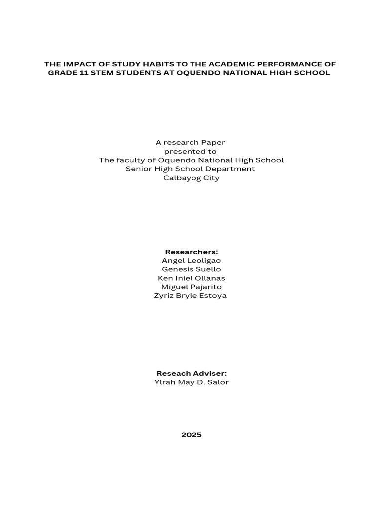 The Impact Of Study Habits On The Academic Performance Of 11 Stem