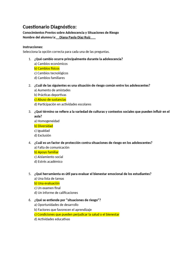 Cuestionario Diagnóstico | PDF