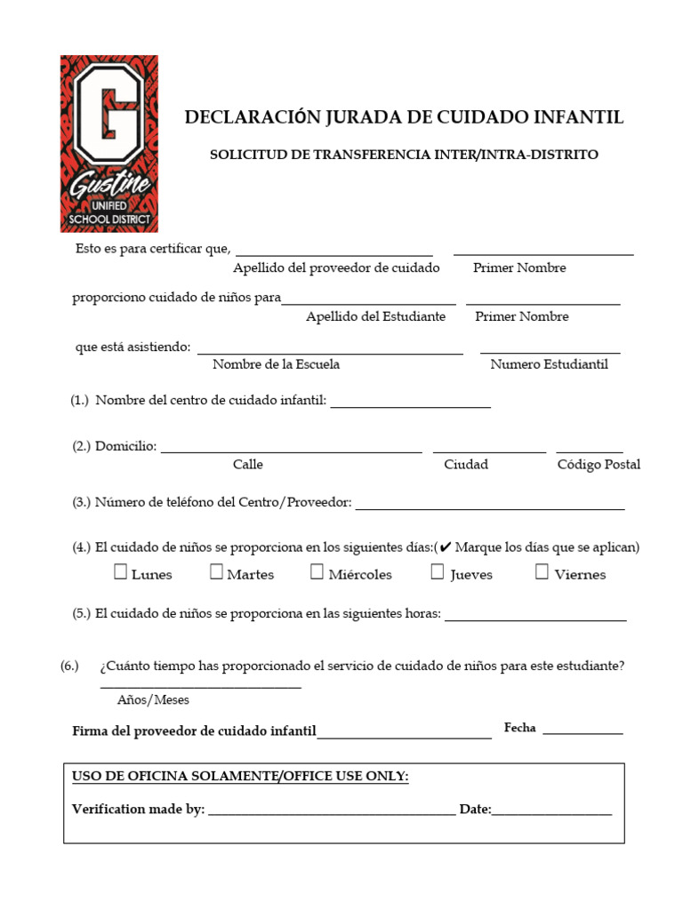 Child Care Affidavit Form Spanish 122750 | PDF