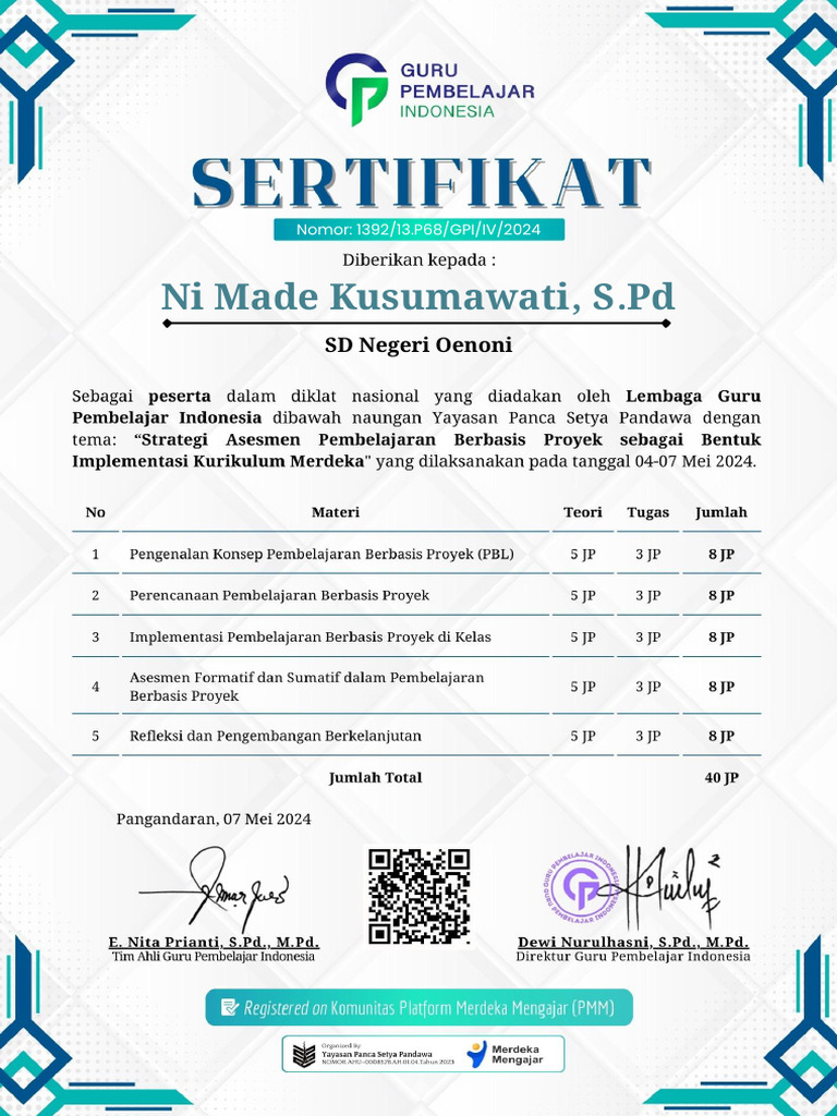 Ni Made Kusumawati, S.PD - SD Negeri Oenoni - Sertifikat 04 Mei 2024 | PDF