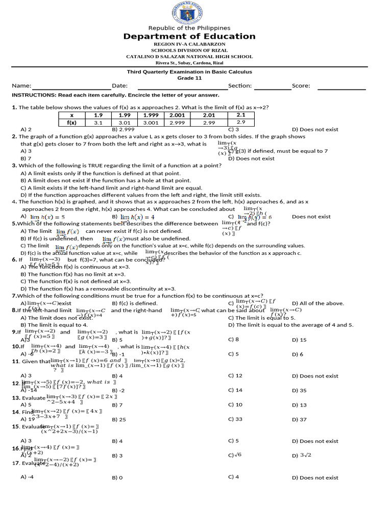 q3 Examination at Basic Calculus | PDF | Tangent | Slope