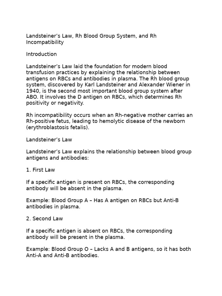 Landsteiner's Law and Rh Incompatibility | PDF | Blood Type | Blood ...