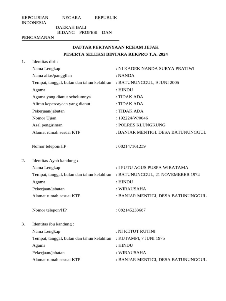 Blangko Rekam Jejak Pra PMK Akpol 2024 | PDF