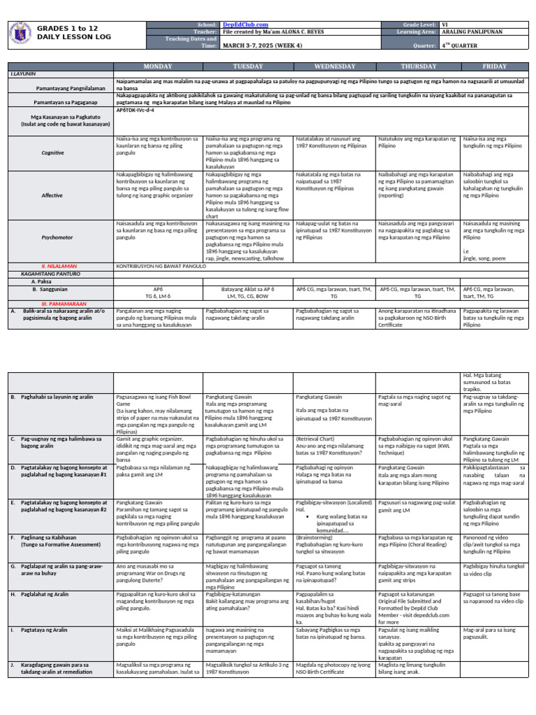 Dll Araling Panlipunan 6 q4 w4 | PDF