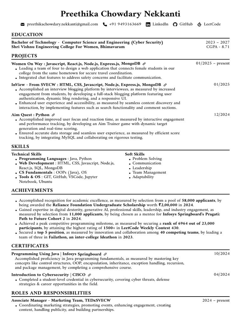 Preethika Chowdary Nekkanti Resume | PDF | World Wide Web | Internet & Web