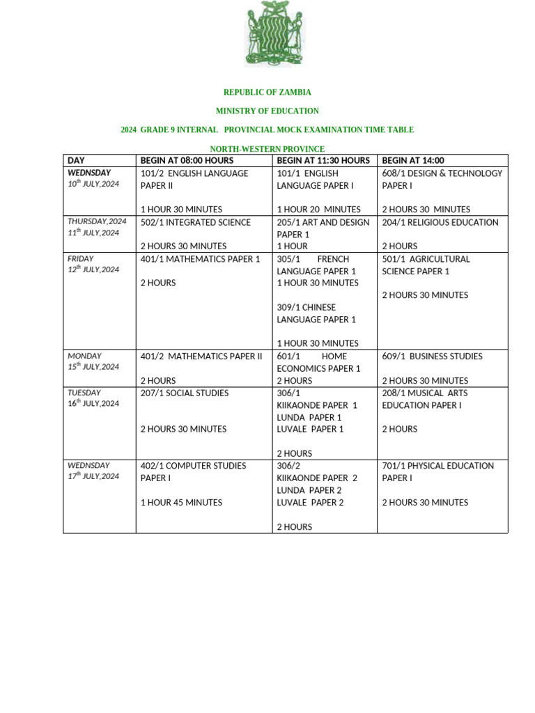 2024 Grade 9 Internal Provincial Mock Timetable | PDF