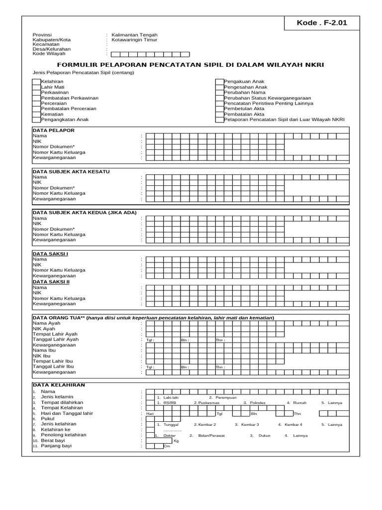 Formulir Akta Kelahiran Capil F2.01 Form Baru | PDF