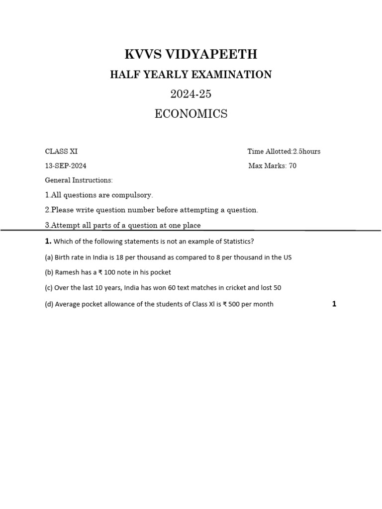 KVSS Vidyapeeth Class Xi Economics | PDF | Survey Methodology | Sampling (Statistics)
