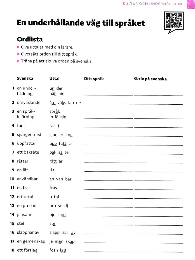 KULTUR OCH UNDERHÅLLNING Ordlista | PDF