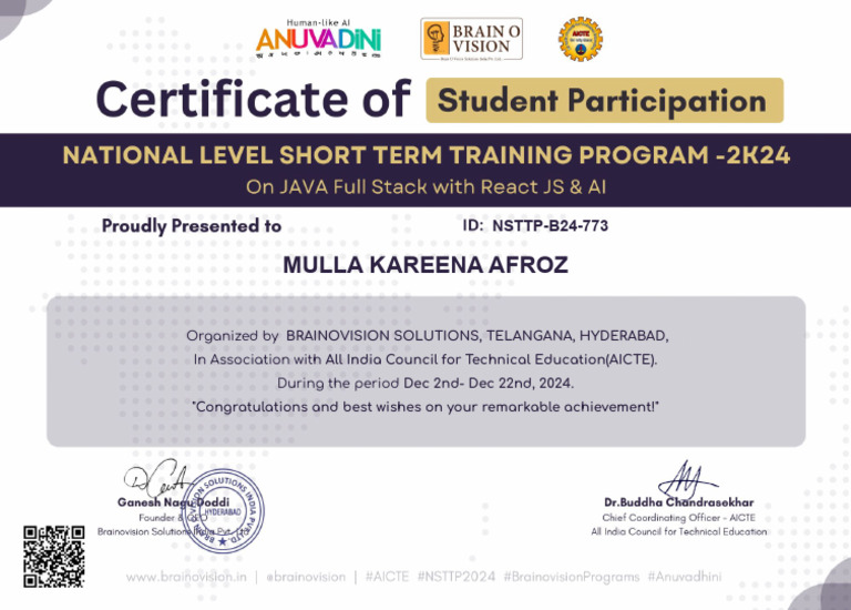 Participation Certificate of National Level STTP 2k24 by Brainovision ...