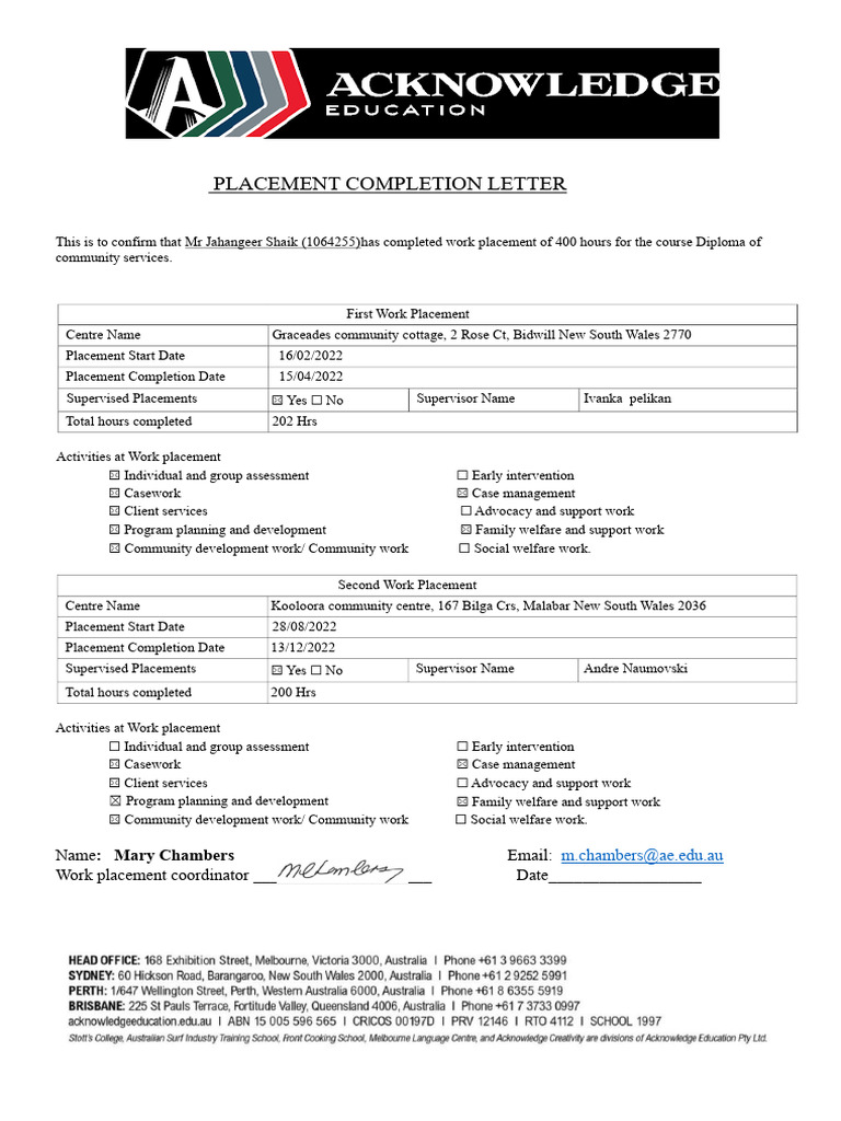 Placement Completion Letter for Jahangeer Shaik | PDF