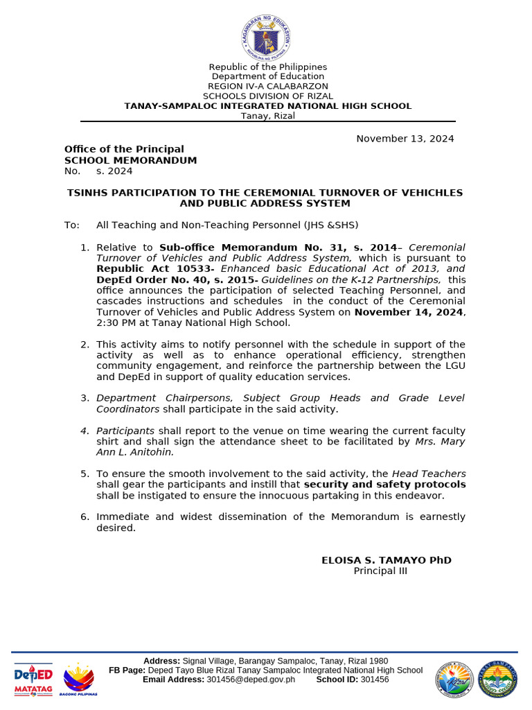 Memo Ceremonial Turnover | PDF | Government | Philippines