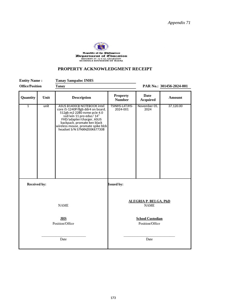 2Appendix-71-Property-Acknowledgement-Receipt | PDF | Computing | Electronics