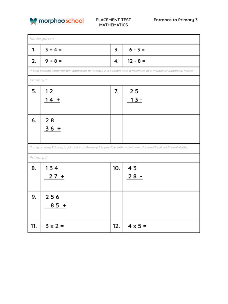 Primary 3 Math Placement Test | PDF