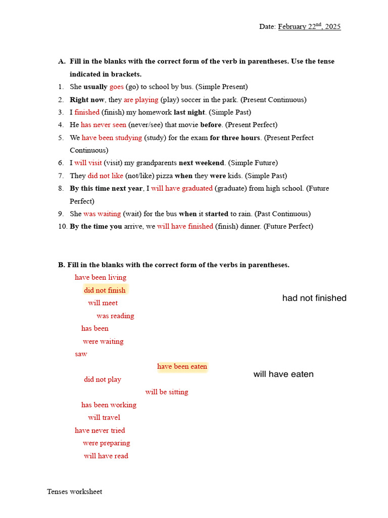Tenses Worksheet Answer | PDF