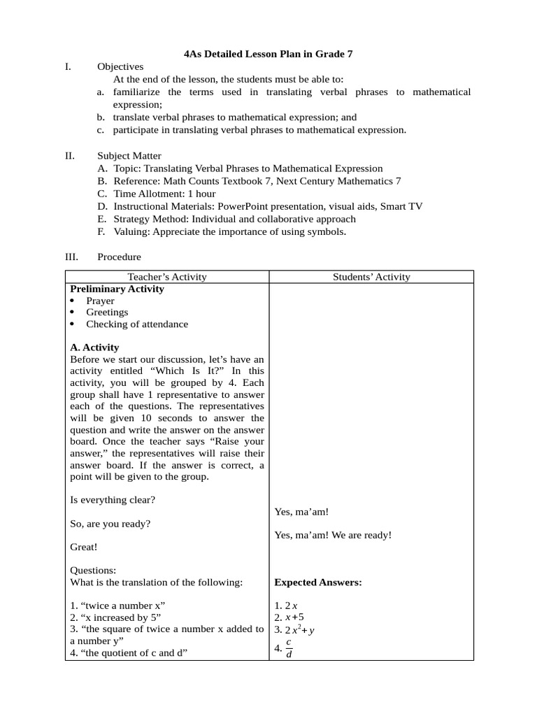 2. Translating Verbal Phrases to Mathematical Expression | PDF | Ratio ...