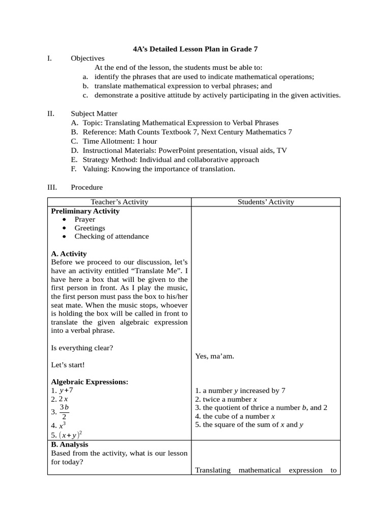 3. Translating Mathematical Expression to Verbal Phrases | PDF ...