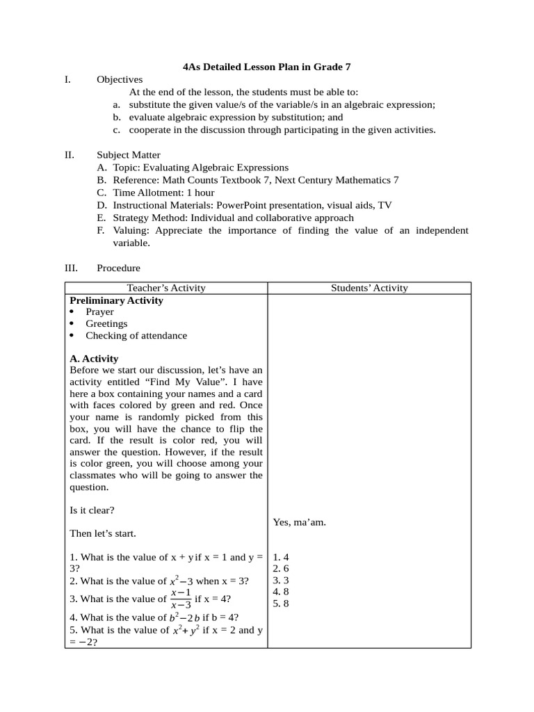 Evaluating Algebraic Expression | PDF | Algebra | Mathematics
