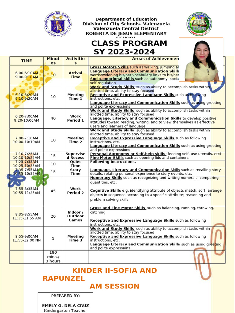Kinder Class Program 2023 2024 | PDF | Literacy | Study Skills