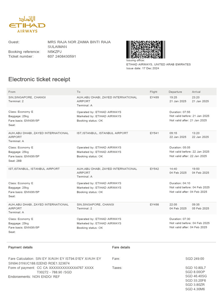 Etihad Airways Electronic Ticket Receipt | PDF
