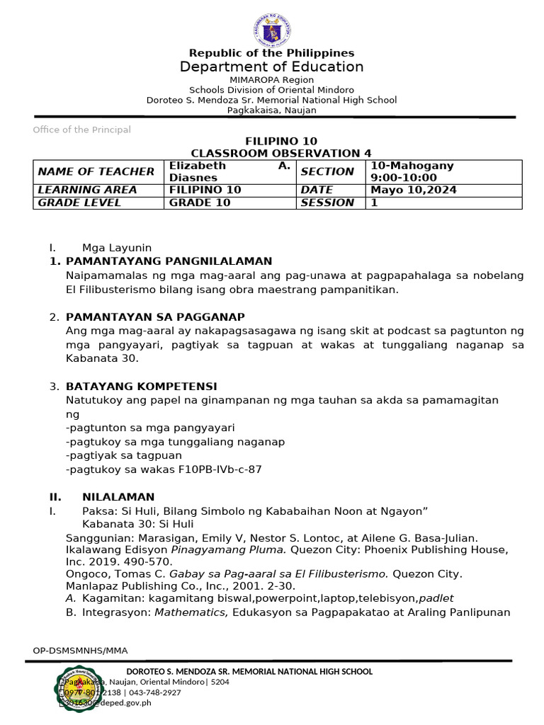 Demo Teaching in Filipino 10 Ikaapat Na Markahan Si Juli | PDF
