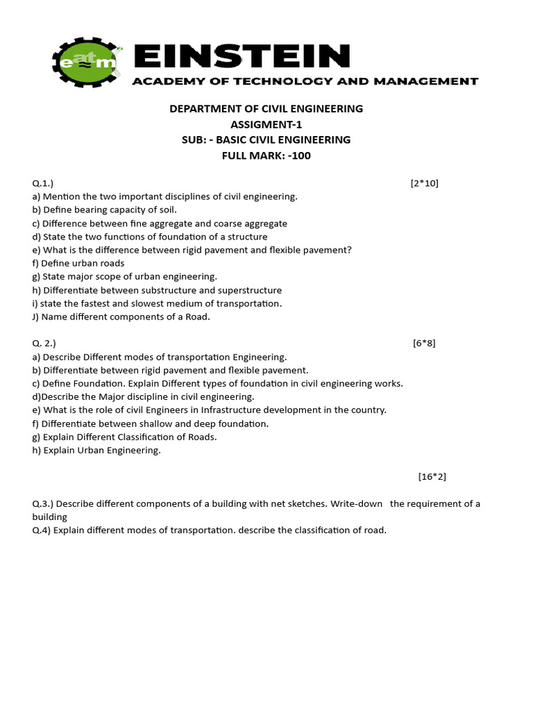 Assigment-1 (Basic Civil Engineering) | PDF