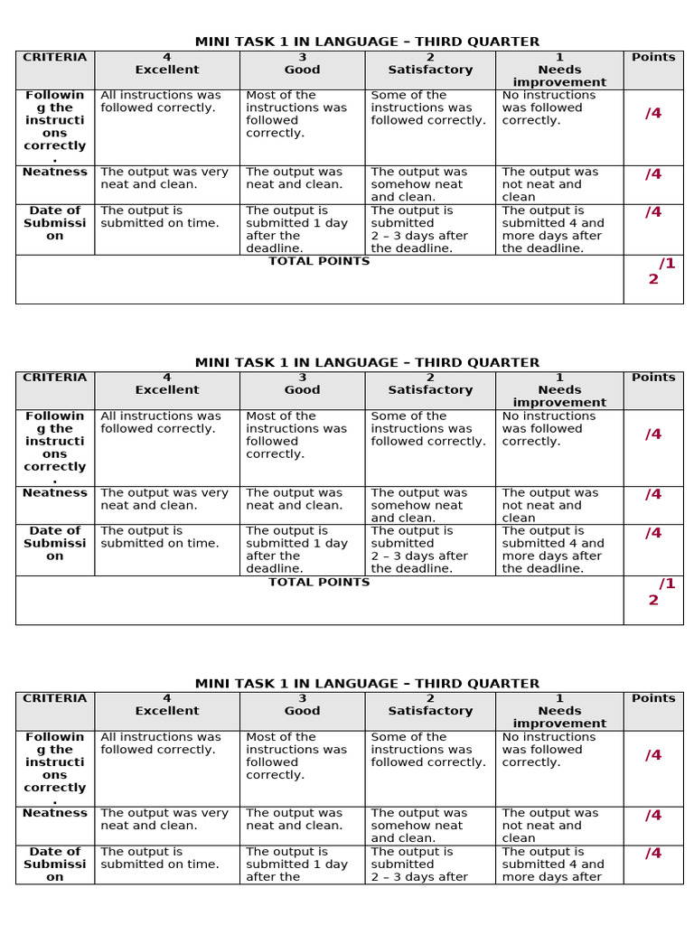 Mini Task 1 in Language - Rubrics | PDF
