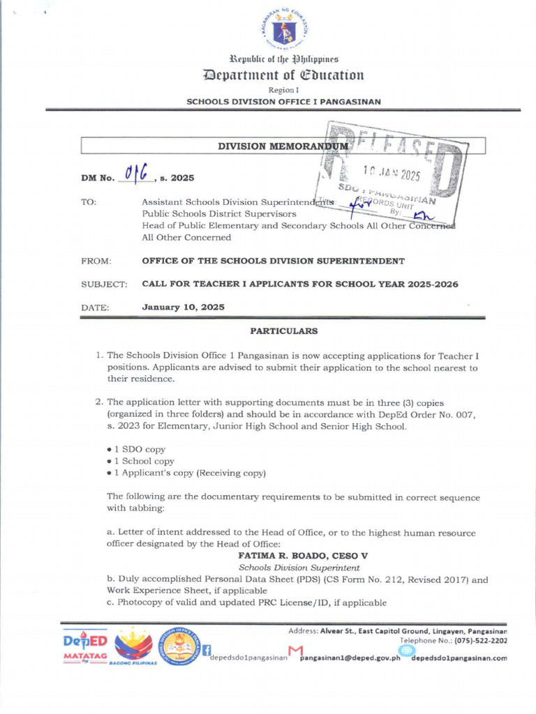 Call For Teacher I Applicants For School Year 2025-2026 | PDF