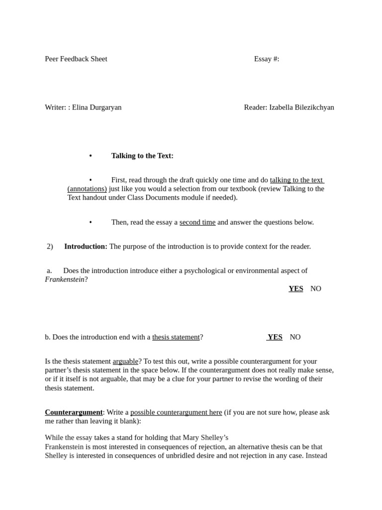 Peer Feedback Guide for Essays | PDF | Frankenstein | Essays